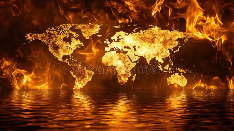 World Map Engulfed in Flames Above Water Reflection Stock Illustration ...