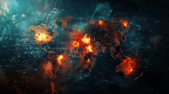 World Map with Exploding Digital Cities Stock Image - Image of ...