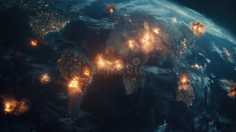 World Map with Explosions in Places of Armed Conflicts Stock Photo ...