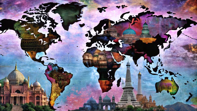 A World Map with Famous Landmarks from Around the Globe Arranged Inside ...