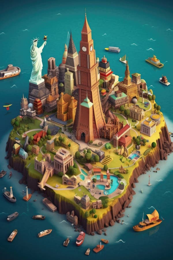 World Map with Famous Landmarks As Location Pins Stock Image - Image of ...