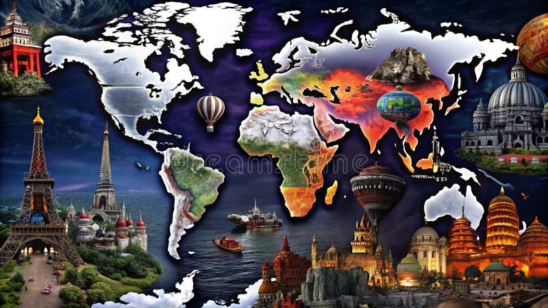 World Map with Famous Landmarks and Attractions in Different Countries ...