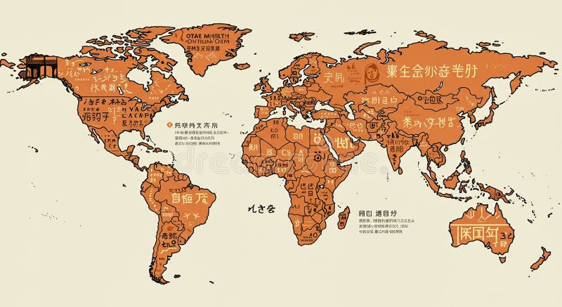 World Map Featuring an Artistic Design with Orange Continents on a ...