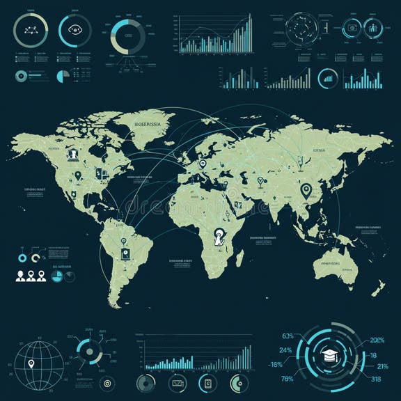 World Map Featuring Data Visualization Elements Including Charts, Graphs, and Icons. Stock ...