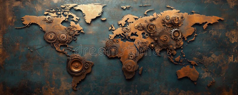 World Map Featuring Intricate Steampunk Design with Gears and Textures Highlighting Various ...
