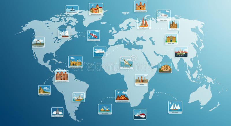 World Map Featuring Various Iconic Landmarks and Symbols Representing ...