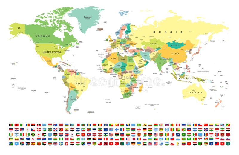 World Map and Flags - Borders, Countries and Cities -illustration Stock ...
