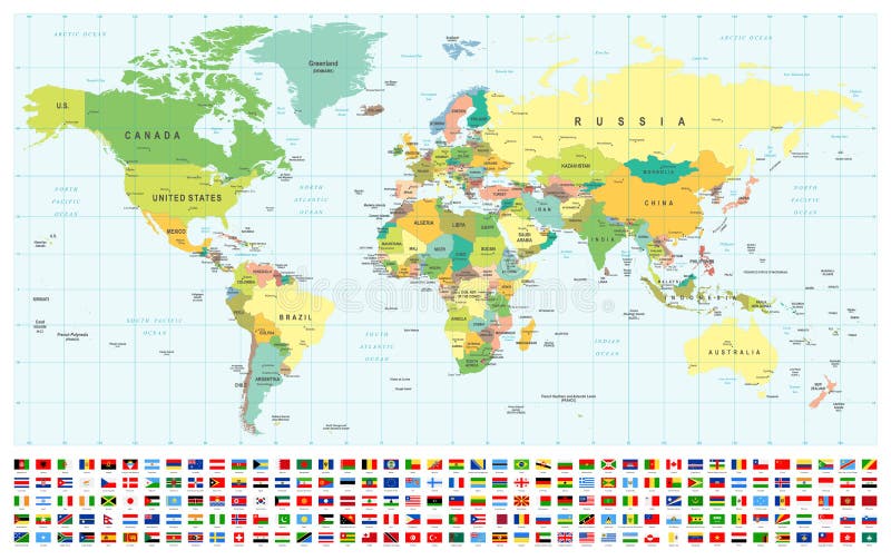 World Map and Flags - Borders, Countries and Cities -illustration Stock ...