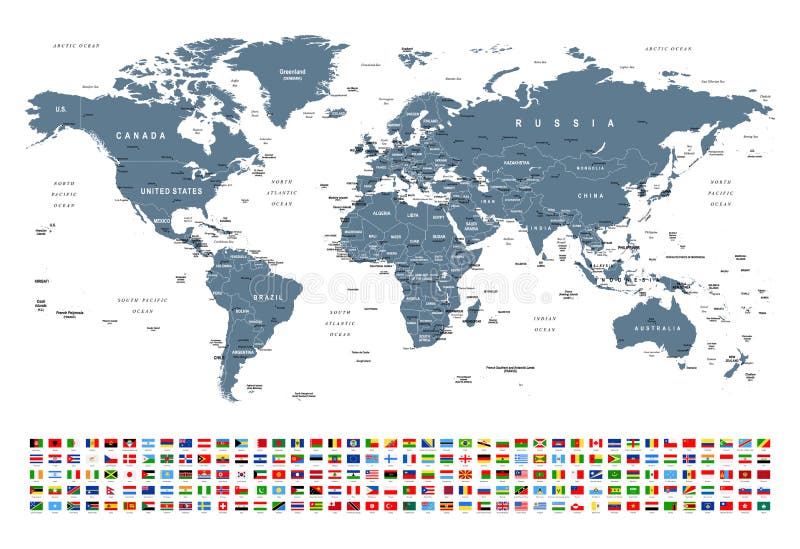 World Map and Flags - Borders, Countries and Cities -illustration Stock ...