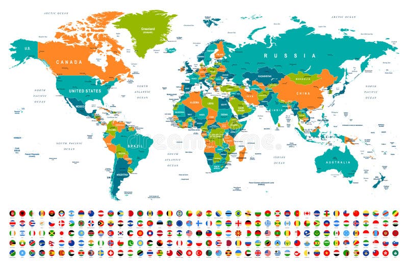World Map and Flags - Borders, Countries and Cities -illustration Stock ...