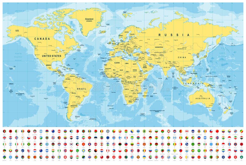 World Map and Flags - Borders, Countries and Cities -illustration Stock ...