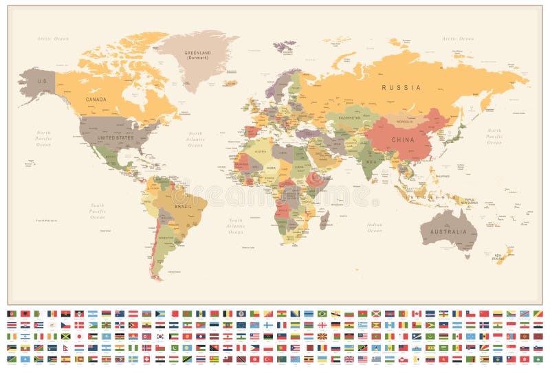 World Map and Flags - Borders, Countries and Cities - Vintage ...
