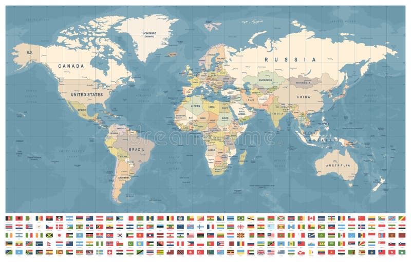 World Map and Flags - Borders, Countries and Cities - Vintage ...
