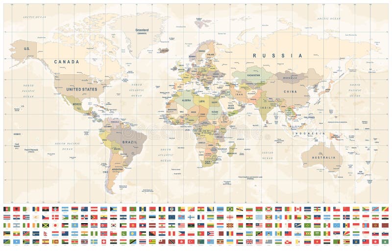 World Map and Flags - Borders, Countries and Cities - Vintage ...