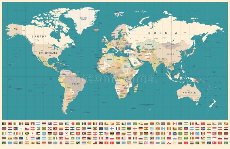 World Map and Flags - Borders, Countries and Cities - Vintage ...