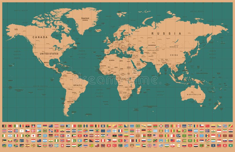 World Map and Flags - Borders, Countries and Cities - Vintage ...