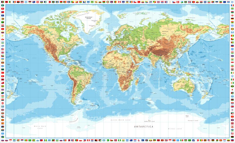 World Map and Flags - Physical Topographic - Vector Detailed ...