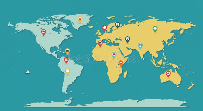 World Map in a Flat Design Style with Continents Colored in Light Blue ...