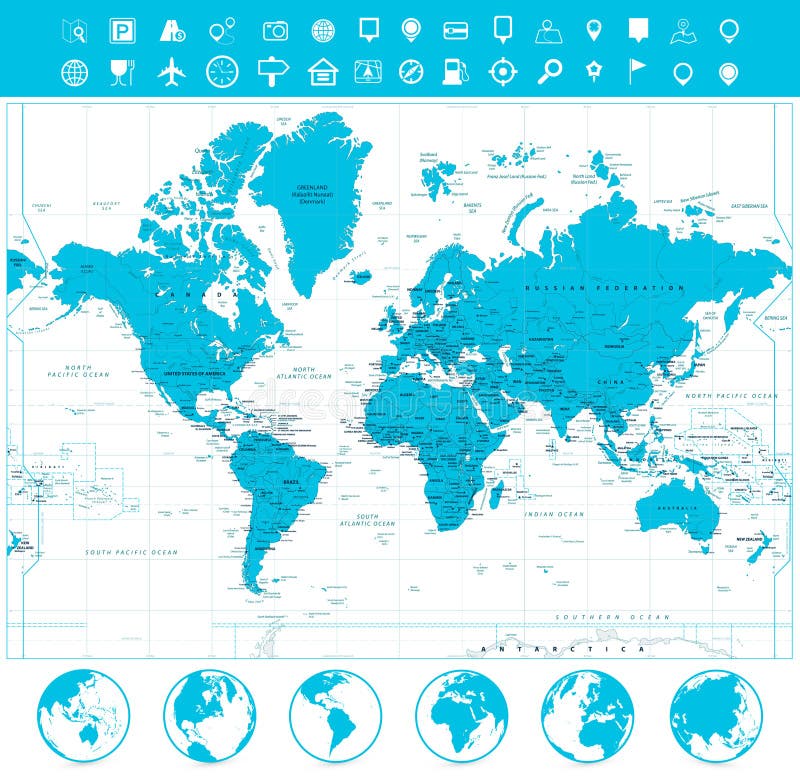 World Map and Flat Globes with Labeling Stock Vector - Illustration of ...