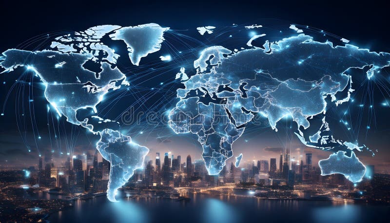 World Map with Flight Paths and Connected Cities Over Modern City at ...