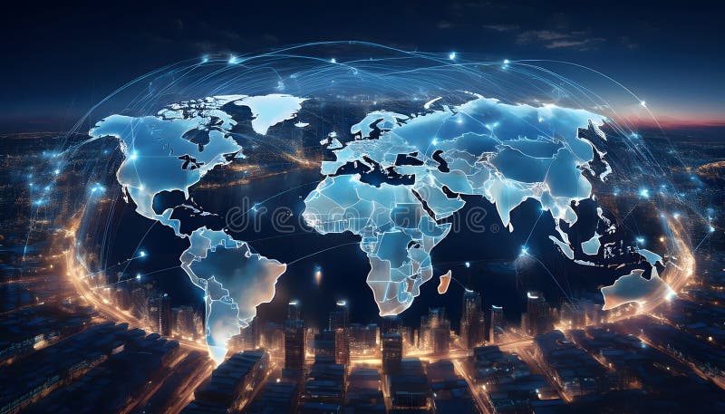 World Map with Flight Paths and Connected Cities Over Modern City at ...