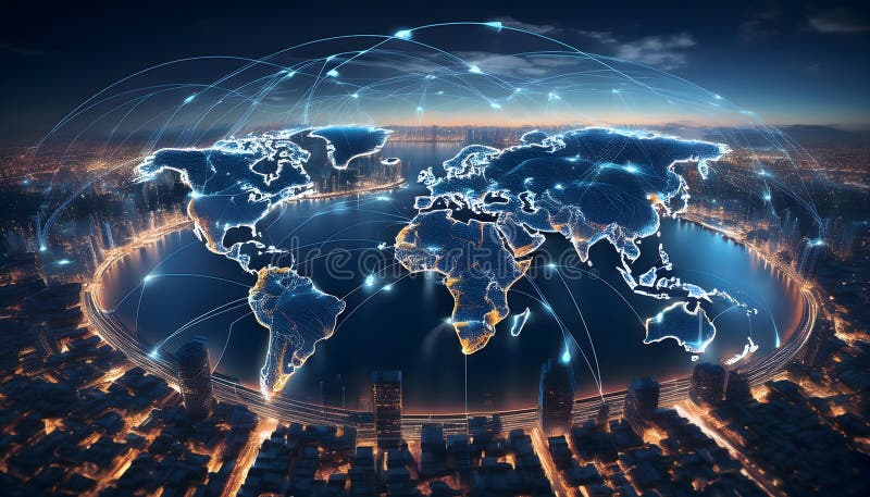 World Map with Flight Paths and Connected Cities Over Modern City at ...