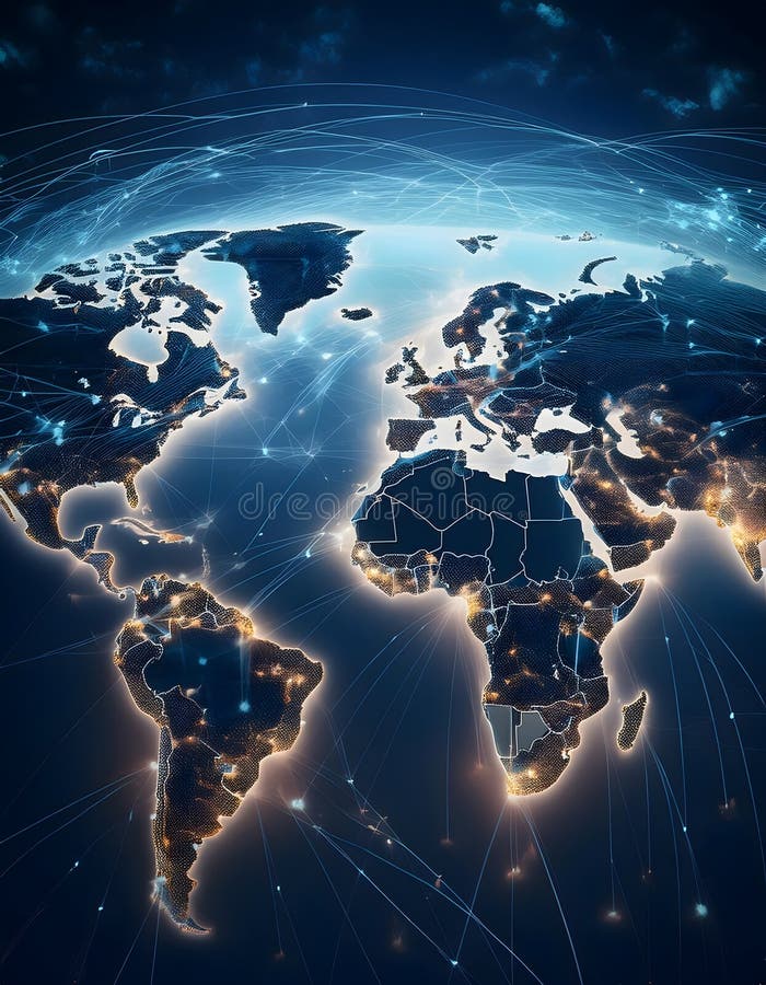 World Map with Flight Paths and Connected at Night Stock Illustration ...