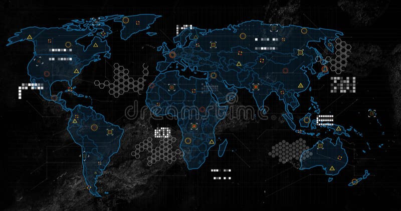 World Map Floating Over Dark Grid Panel, Displaying Colored Markers and ...