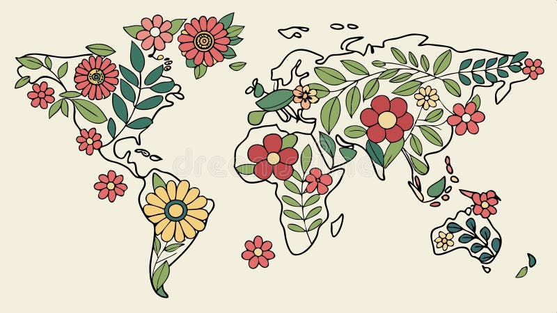World Map with Floral Decorations, Global Travel and Botanical Earth ...