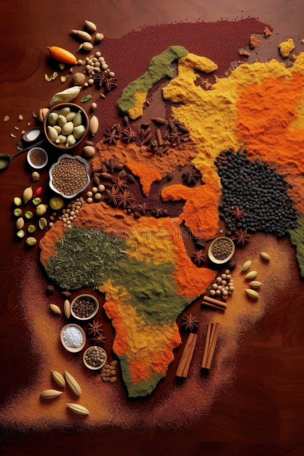 World Map Formed by Arranging Various Spices and Herbs Stock ...