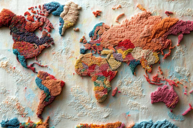 A World Map Formed from Colorful Yarn Threads, with Each Country ...