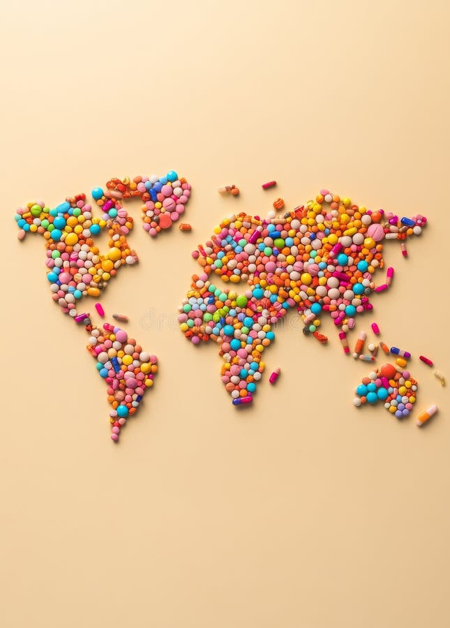 A World Map Formed from Multicolored Capsules and Pills, Fusing ...