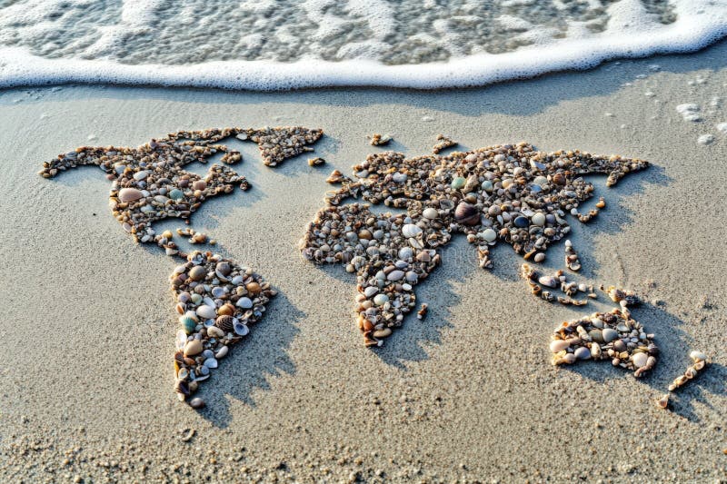 A World Map Formed from Seashells and Corals, Placed on the Beach Sand ...
