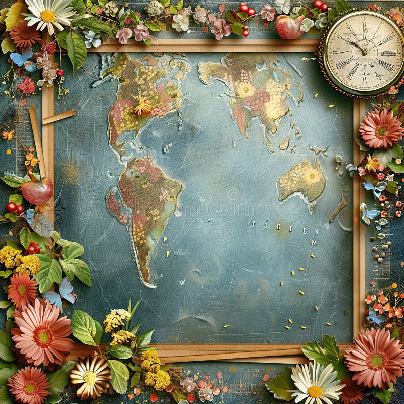 World Map Framed by Flowers, Clock, and Leaves Stock Image - Image of ...