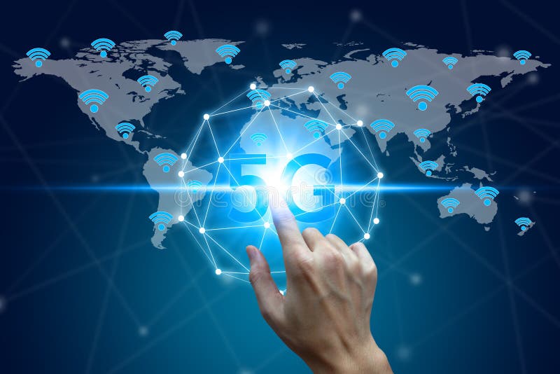 World Map with 5G Wifi Technology Background, Hand Touch Network Using ...