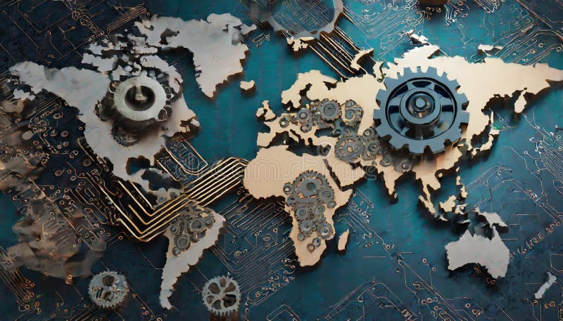 World map with gears stock illustration. Illustration of cover - 327304304