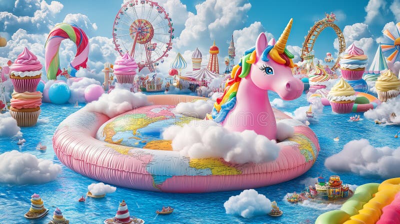 World Map on a Giant Inflatable Pool Surrounded by Colorful Carnival ...