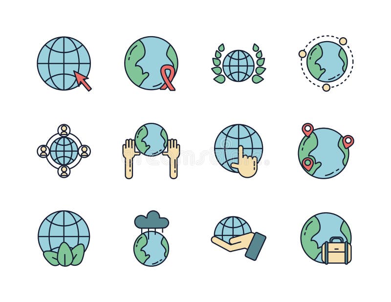 World Map Global Icons Set Line Filled Stock Vector - Illustration of ...