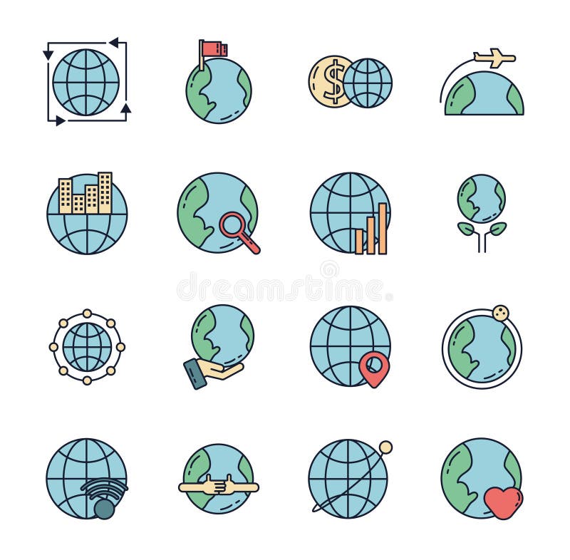 World Map Global Icons Set Line Filled Stock Vector - Illustration of ...