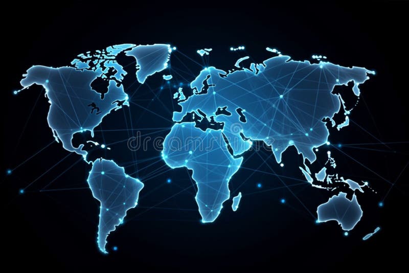 World Map with Global Technology Social Connection Network with Lights ...