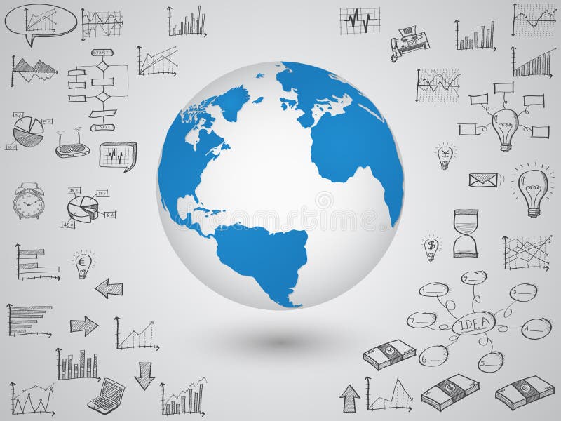 World Map Globe with Web Icons, Business Icons and Technology Icons for ...