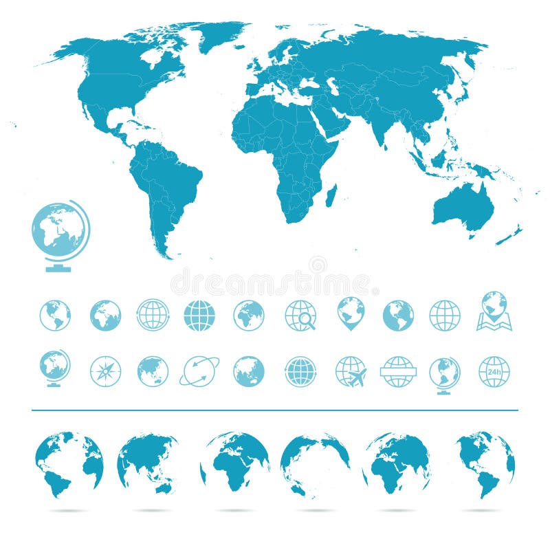 World Map, Globes, Continents, Navigation Icons - Illustration. Stock ...