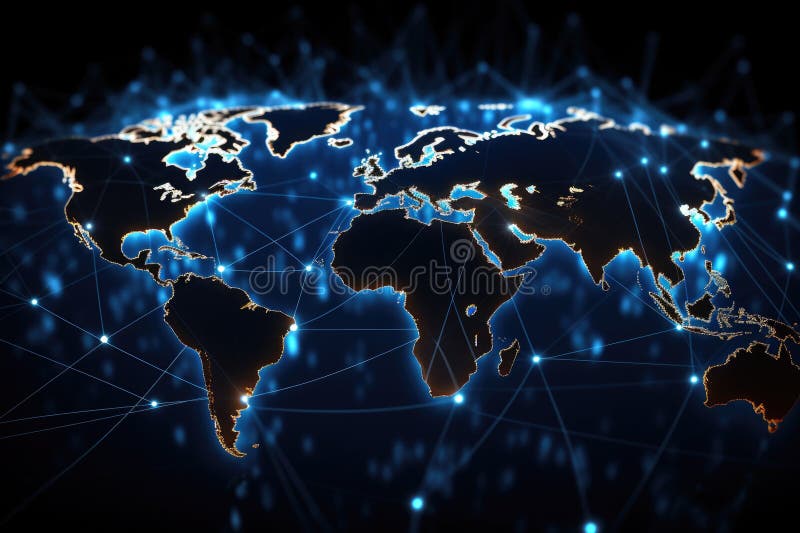 World Map Glowing on Blue Background. Globalization Concept Stock ...