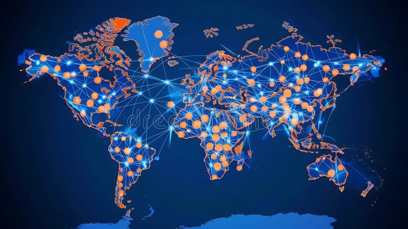 A World Map Glowing with Blue and Orange Points of Light ...