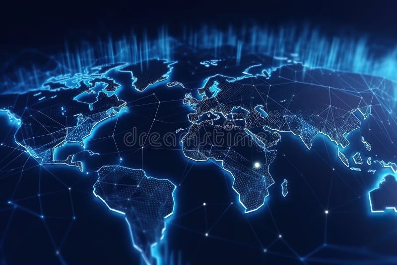 World Map with Glowing Border and Connecting Lines and Blue Background ...