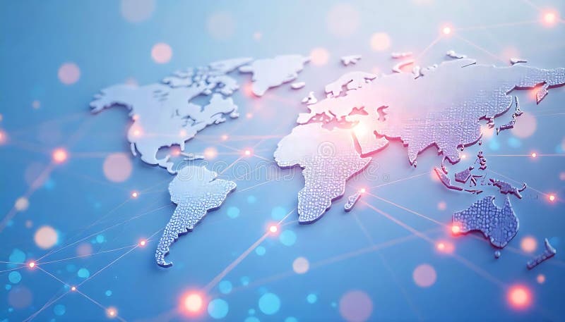 World Map Illustration with Glowing Connections on a Blue Background ...