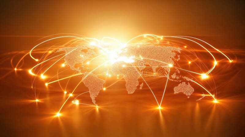 World Map with Glowing Connections and Light Sources Stock Illustration ...