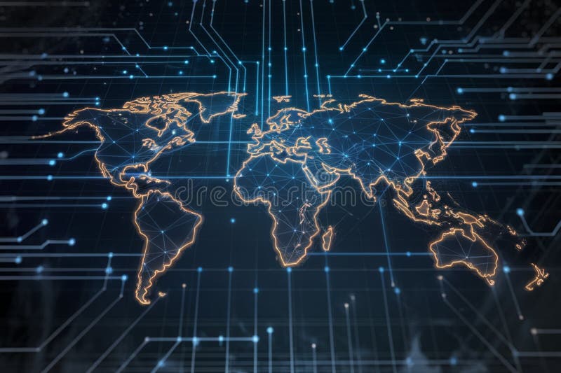 World Map with Glowing Continents Interlaced with Abstract Data Against ...