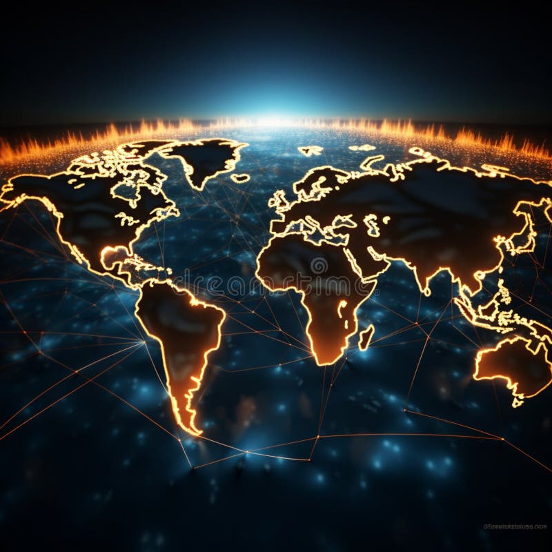 Global Network Concept World Map Glowing on a Dark Background Stock Illustration - Illustration ...