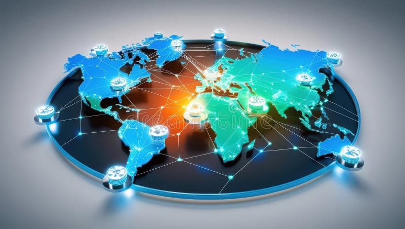 World Map with Glowing Globe in the Center Symbolizing Global ...